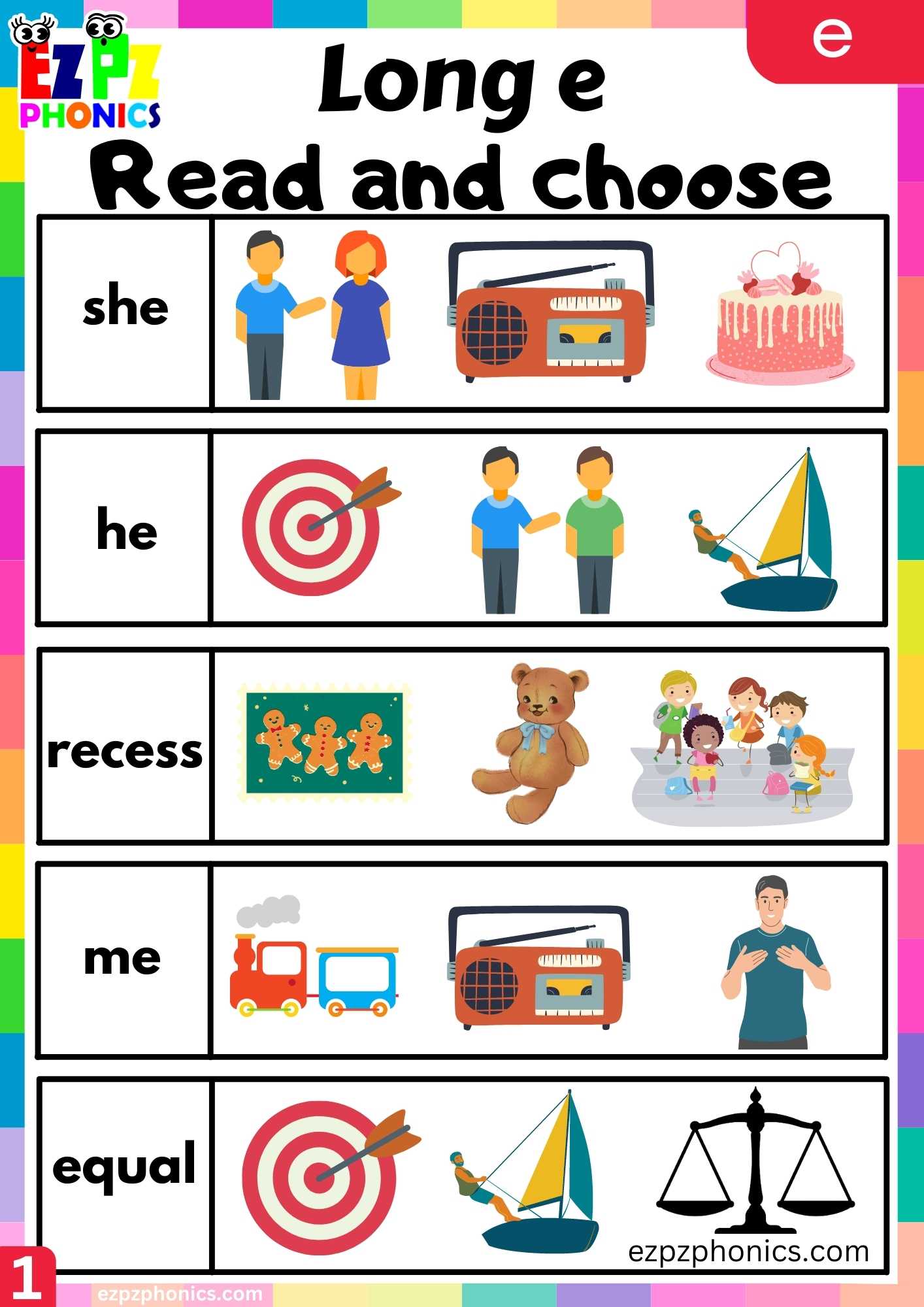 E Words Read And Choose Long E Phonics Worksheet - ezpzphonics.com